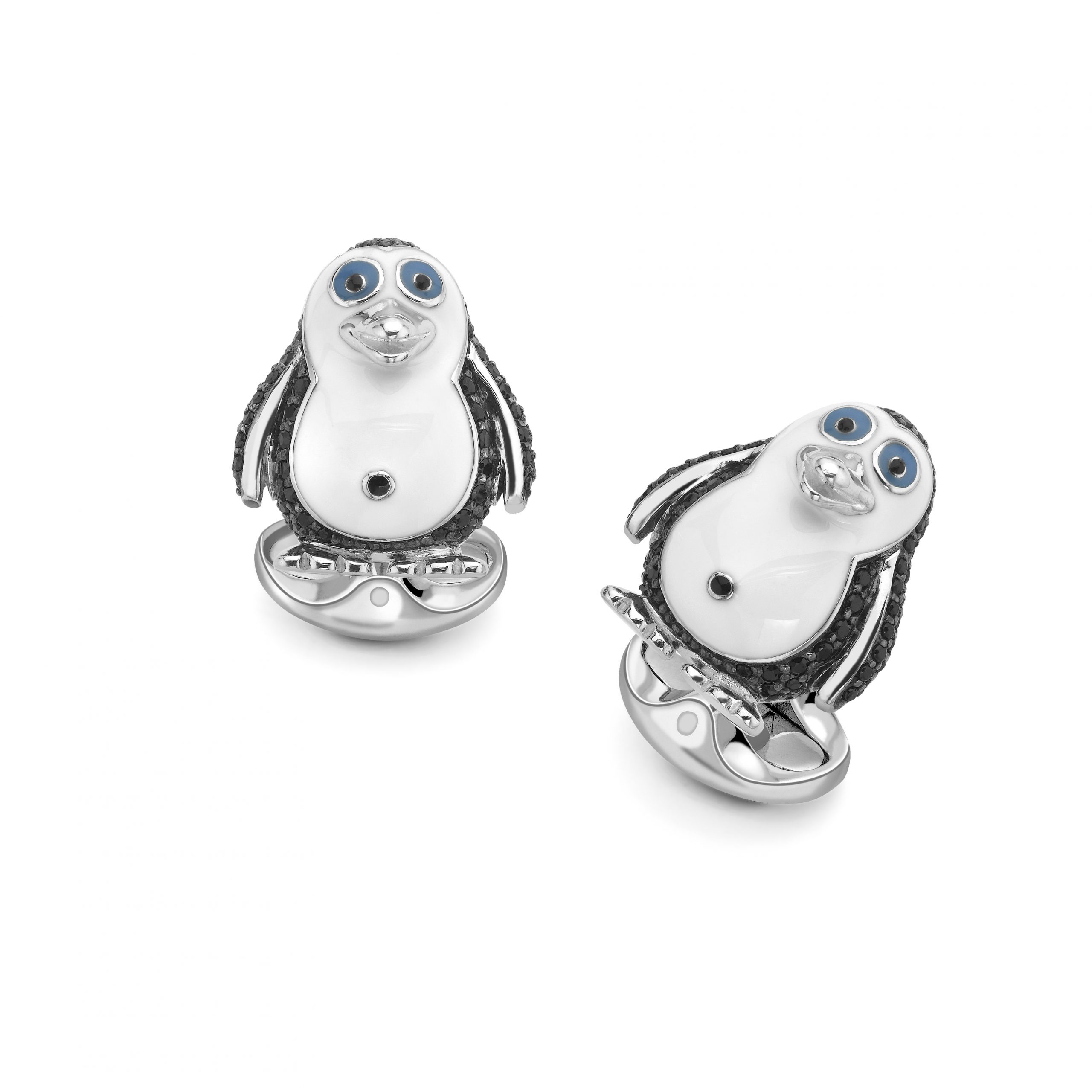 Sterling Silver Black Spinel and Hand Enamelled Penguin Cuff Links